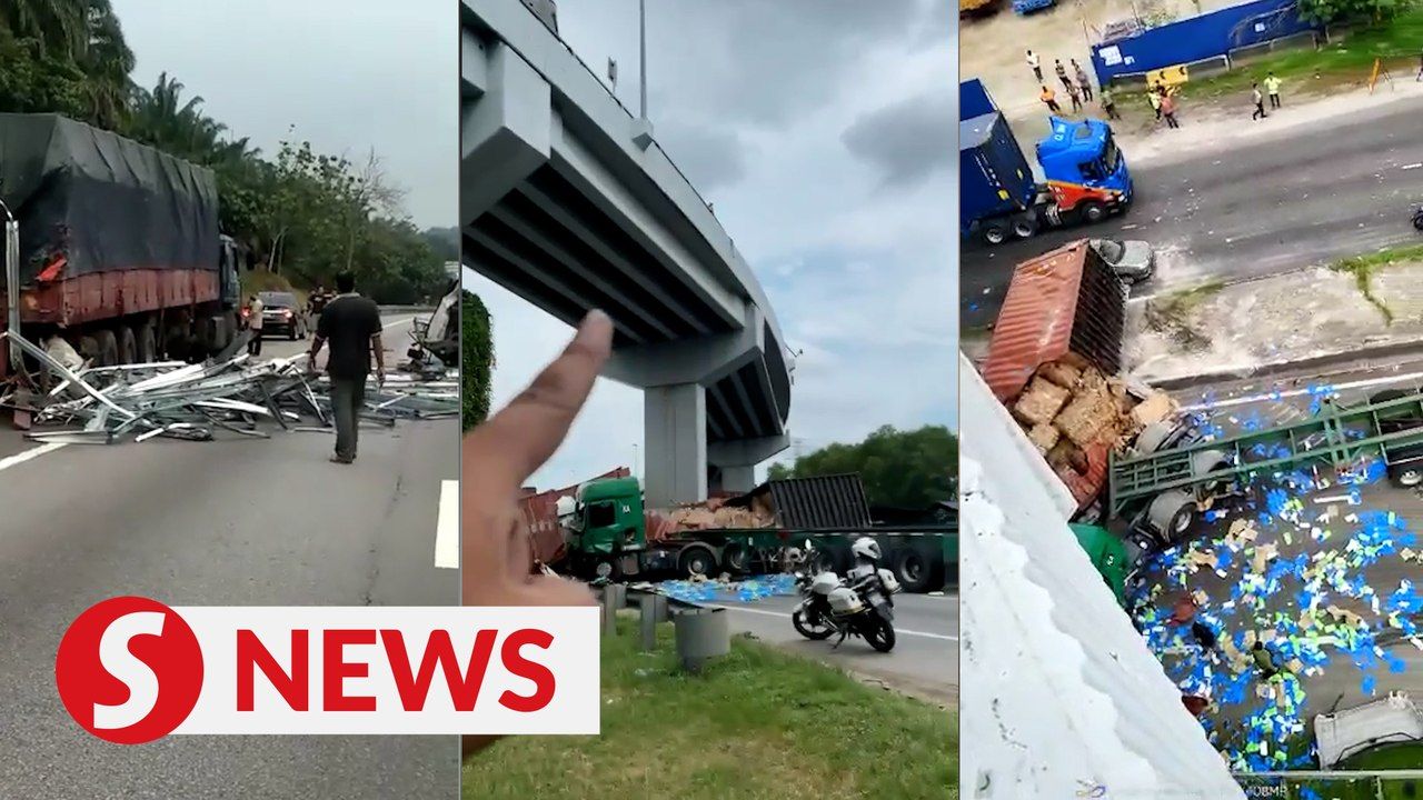 Shipping container falls off Klang flyover, smashes into two lorries ...
